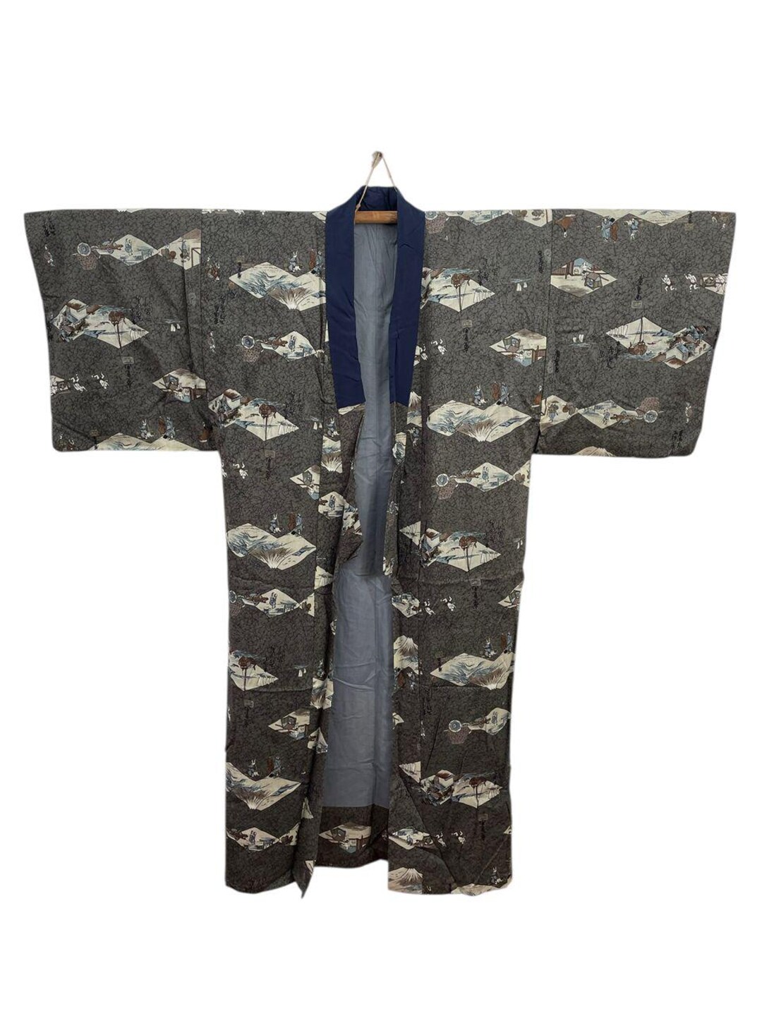 Vintage Japanese Kimono Robe – Scenic Mountain & Village Print, Grey ...