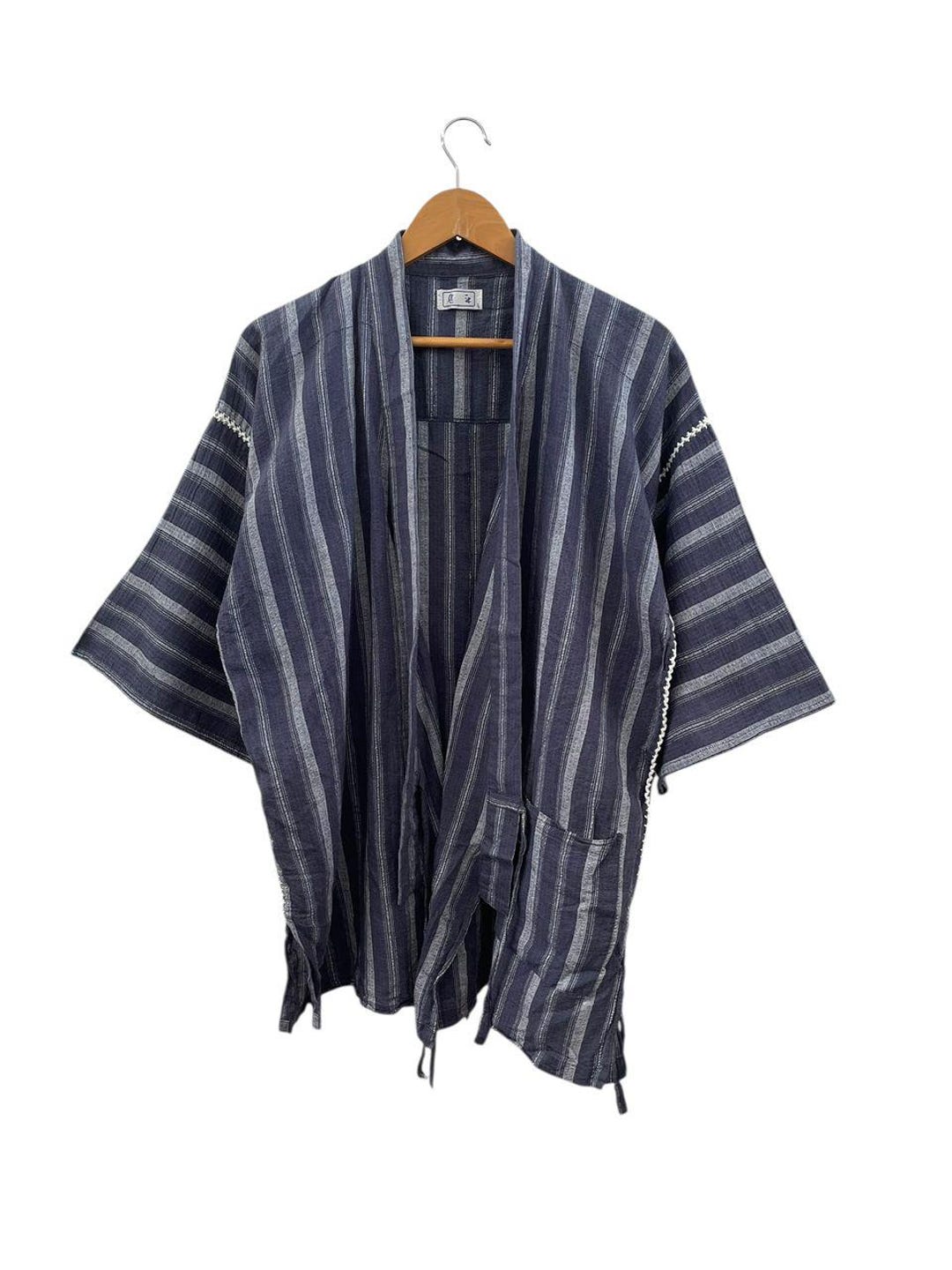 Vintage Japanese Jinbei Kimono – Blue Striped Cotton Summer Robe ...