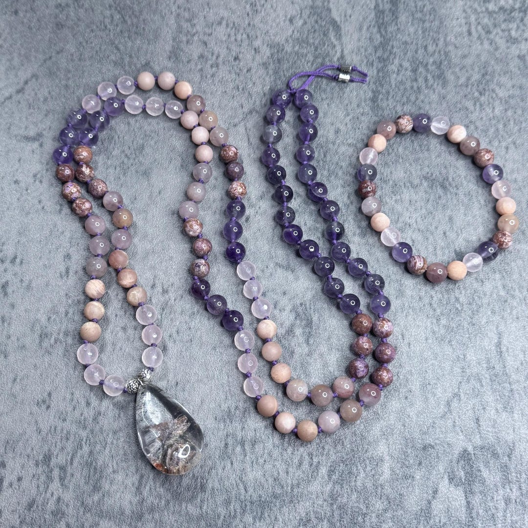 108 Count Mala Necklace With Matching Bracelet, Gemstone Mala for ...