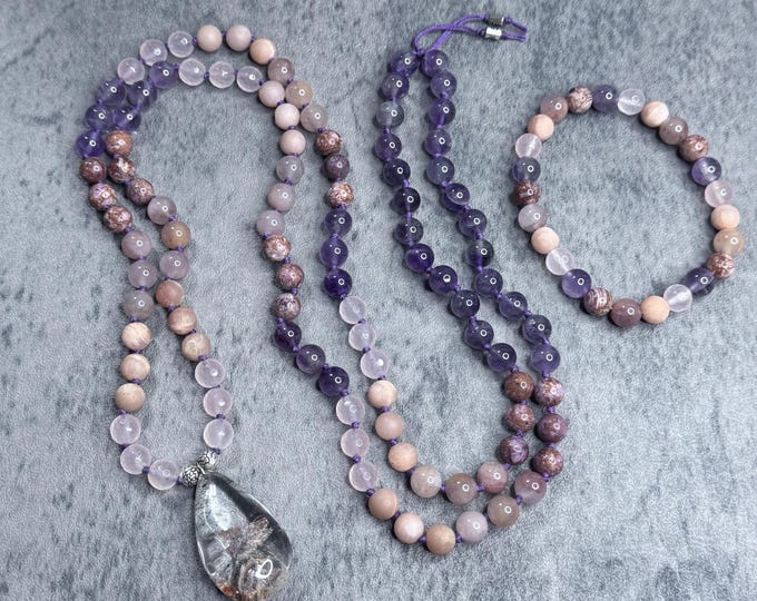 108 Count Mala Necklace With Matching Bracelet, Gemstone Mala for ...
