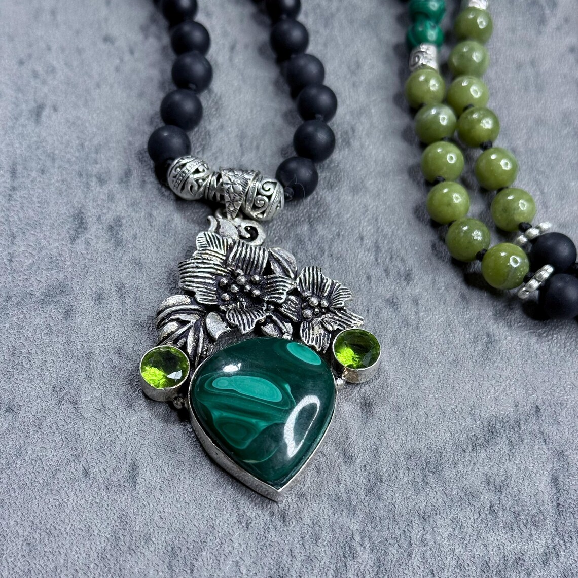 Malachite 108 Mala Necklace: Onyx, Jade & Sterling Silver Pendant - Etsy