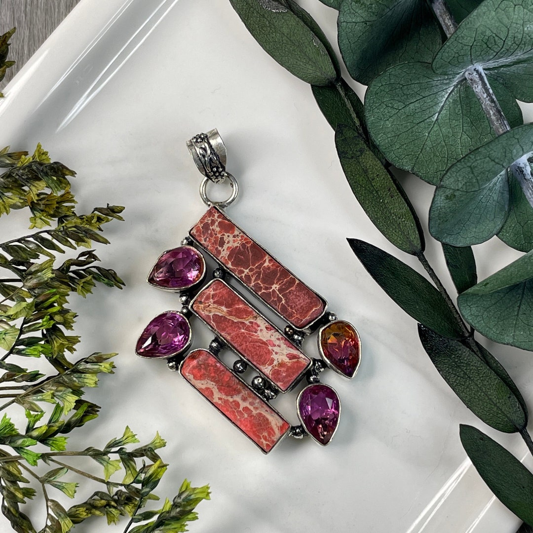 Sterling Silver Red Sediment Jasper Pendant With Bi-color Tourmaline - Etsy