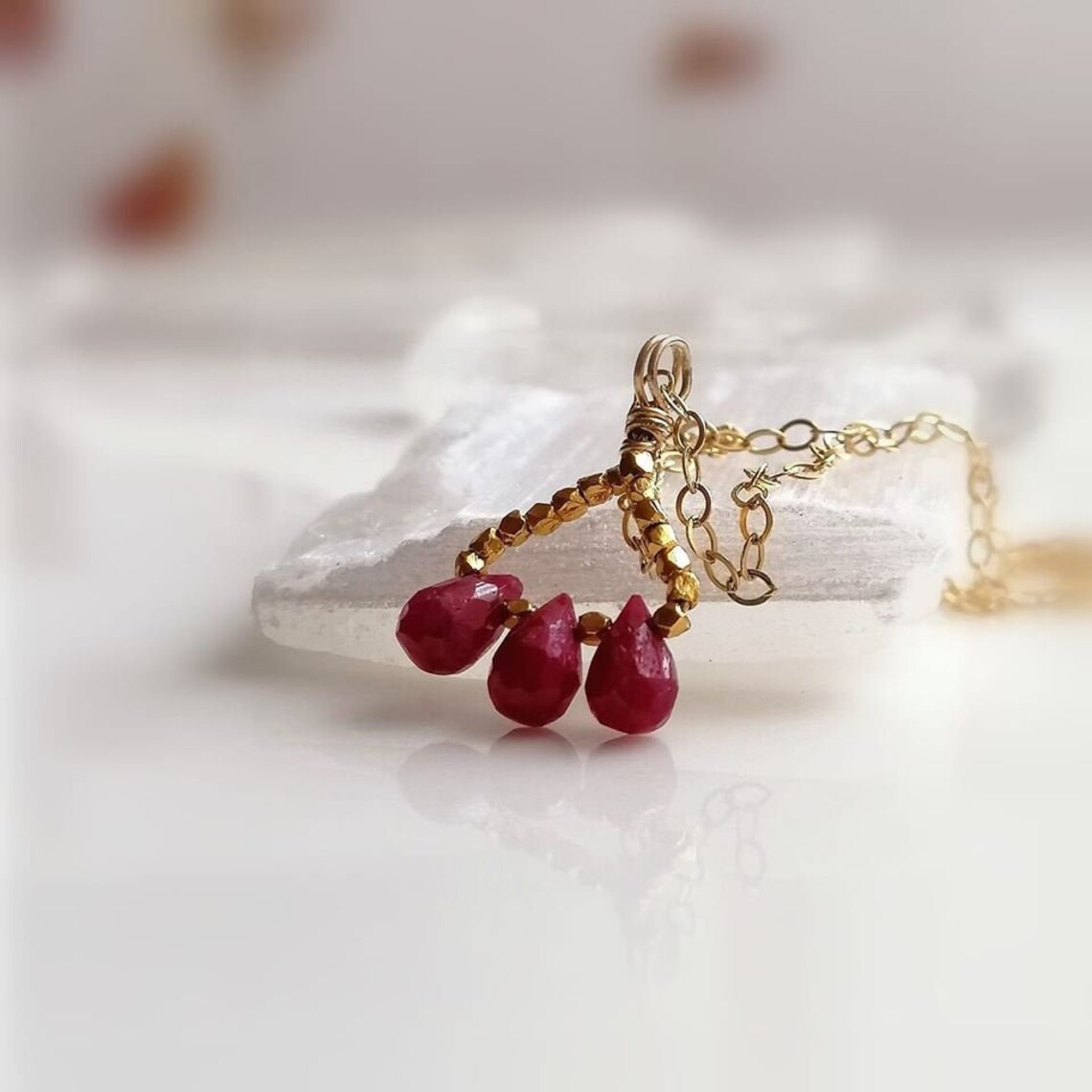 Ruby Trio Necklace Genuine Natural Ruby Drops Triangle Pendant - Etsy