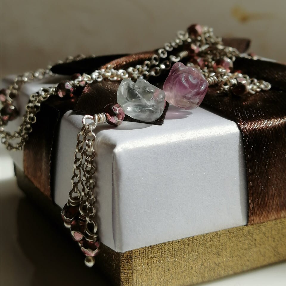 Fluorite and Pink Pyrite Y Necklace Hand Carved Rose Blue and - Etsy