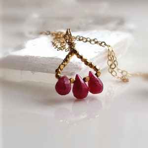 Ruby Trio Necklace Genuine Natural Ruby Drops Triangle Pendant - Etsy