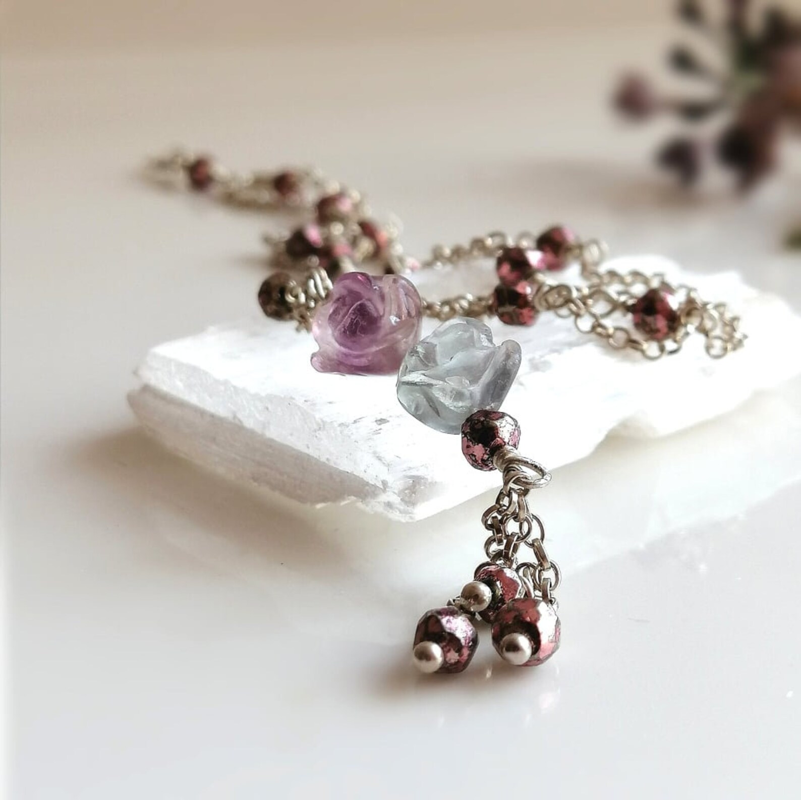 Fluorite and Pink Pyrite Y Necklace Hand Carved Rose Blue and | Etsy