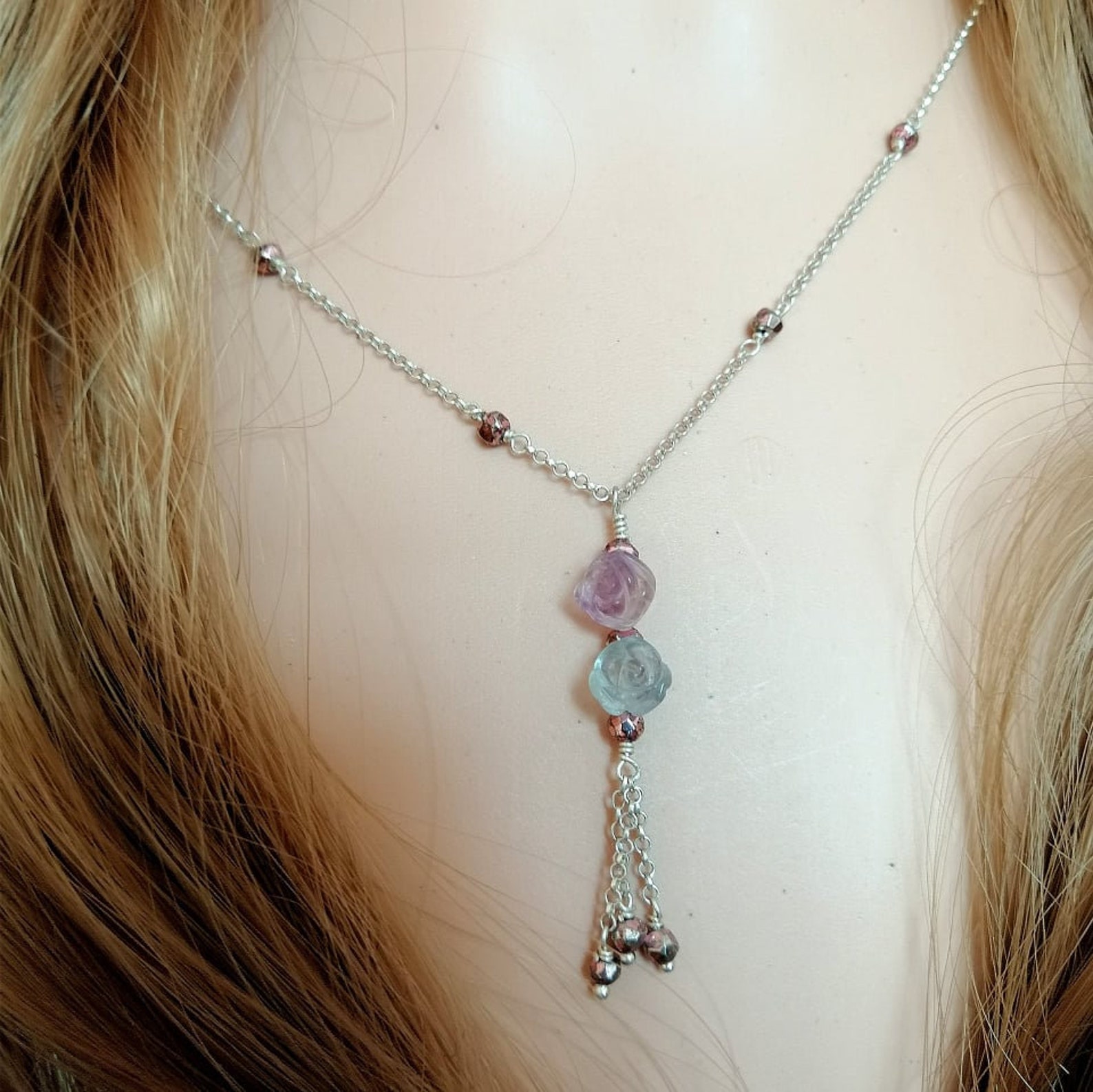 Fluorite and Pink Pyrite Y Necklace Hand Carved Rose Blue and | Etsy