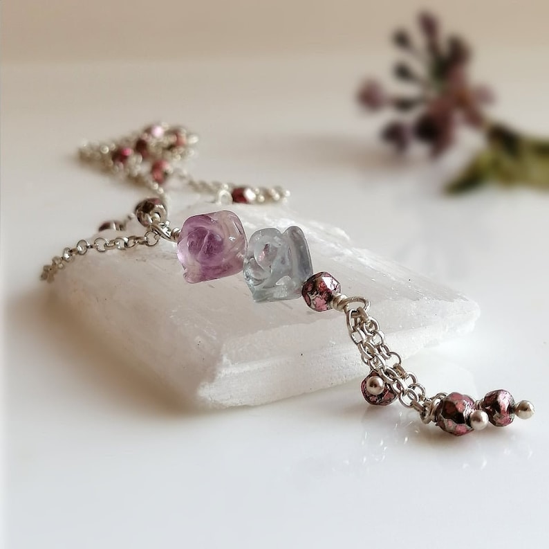 Fluorite and Pink Pyrite Y Necklace Hand Carved Rose Blue and - Etsy