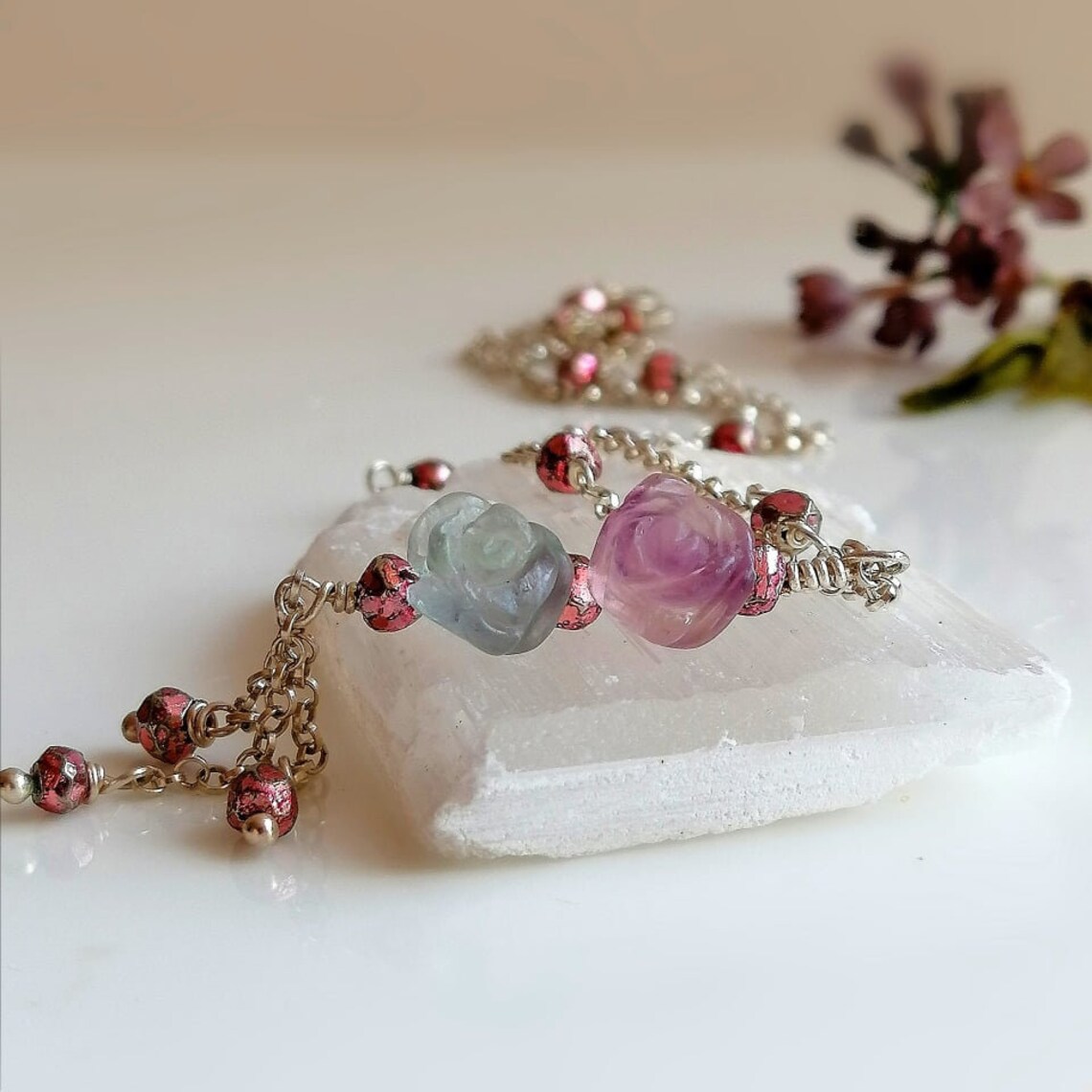 Fluorite and Pink Pyrite Y Necklace Hand Carved Rose Blue and | Etsy
