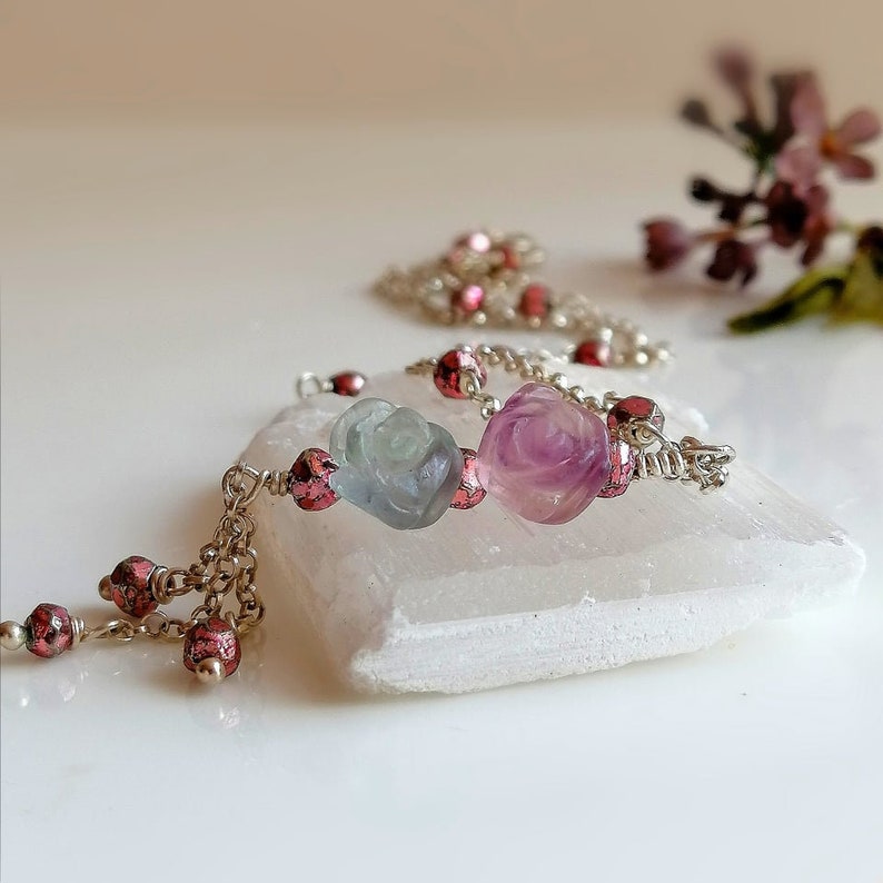 Fluorite and Pink Pyrite Y Necklace Hand Carved Rose Blue and - Etsy