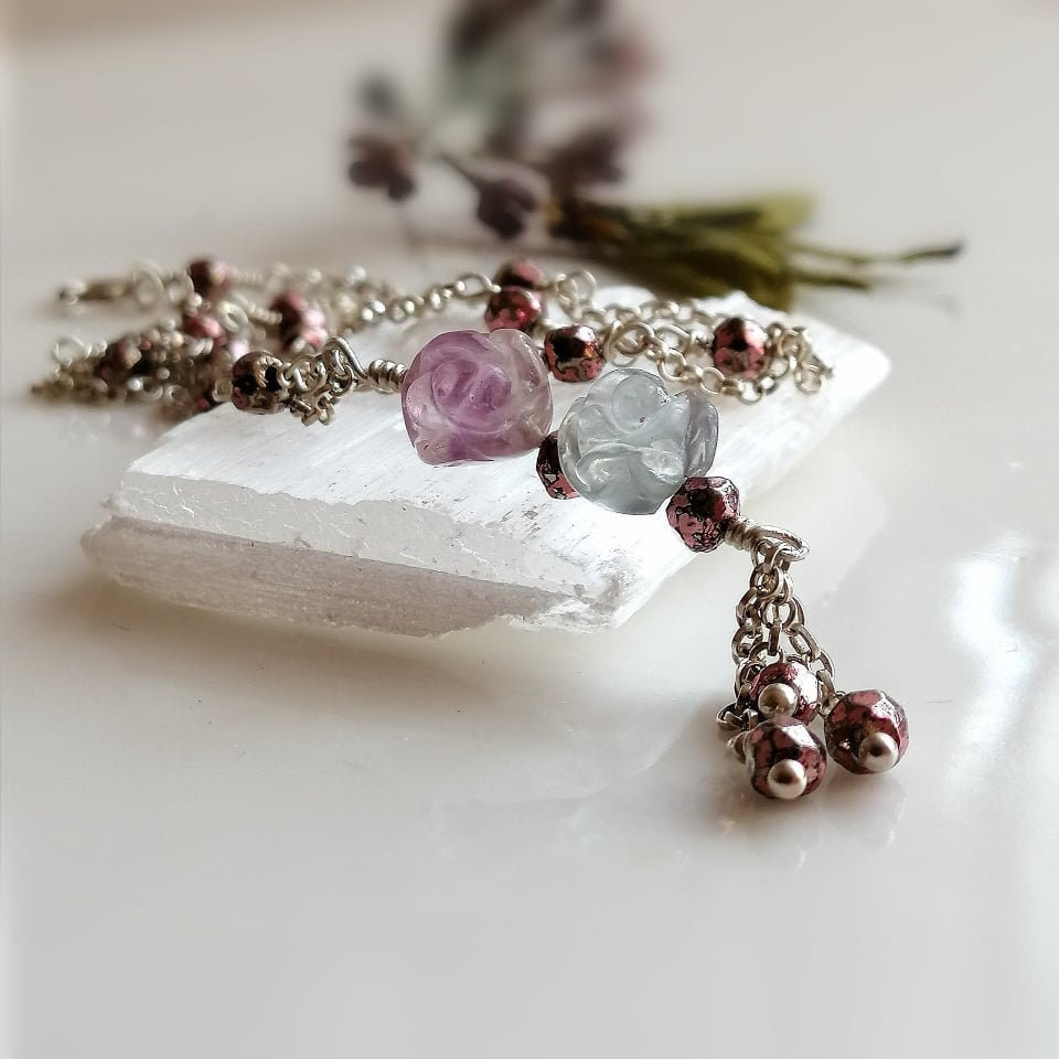Fluorite and Pink Pyrite Y Necklace Hand Carved Rose Blue and - Etsy