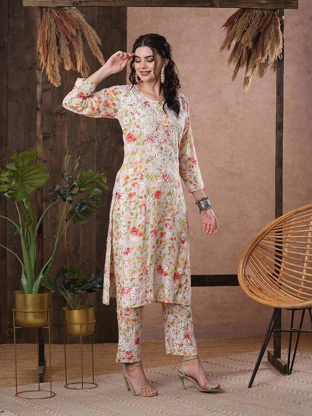 Ada Hand Embroidered Chikankari Co-ord Set Designer Floral Printed ...