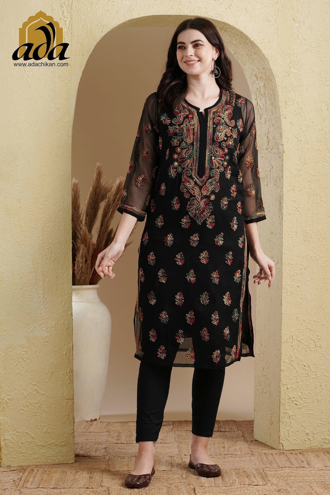 Ada Indian Hand Embroidered Georgette Top Tunic Kurti With Slip ...