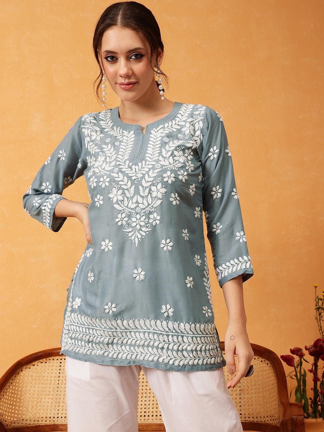 Ada Indian Hand Embroidered Chikankari Short Kurti Kurta Designer ...