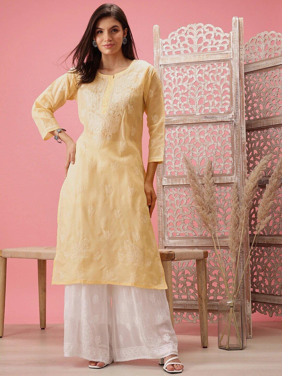 Ada Indian Hand Embroidered Authentic Chikankari Straight Cotton Blend ...