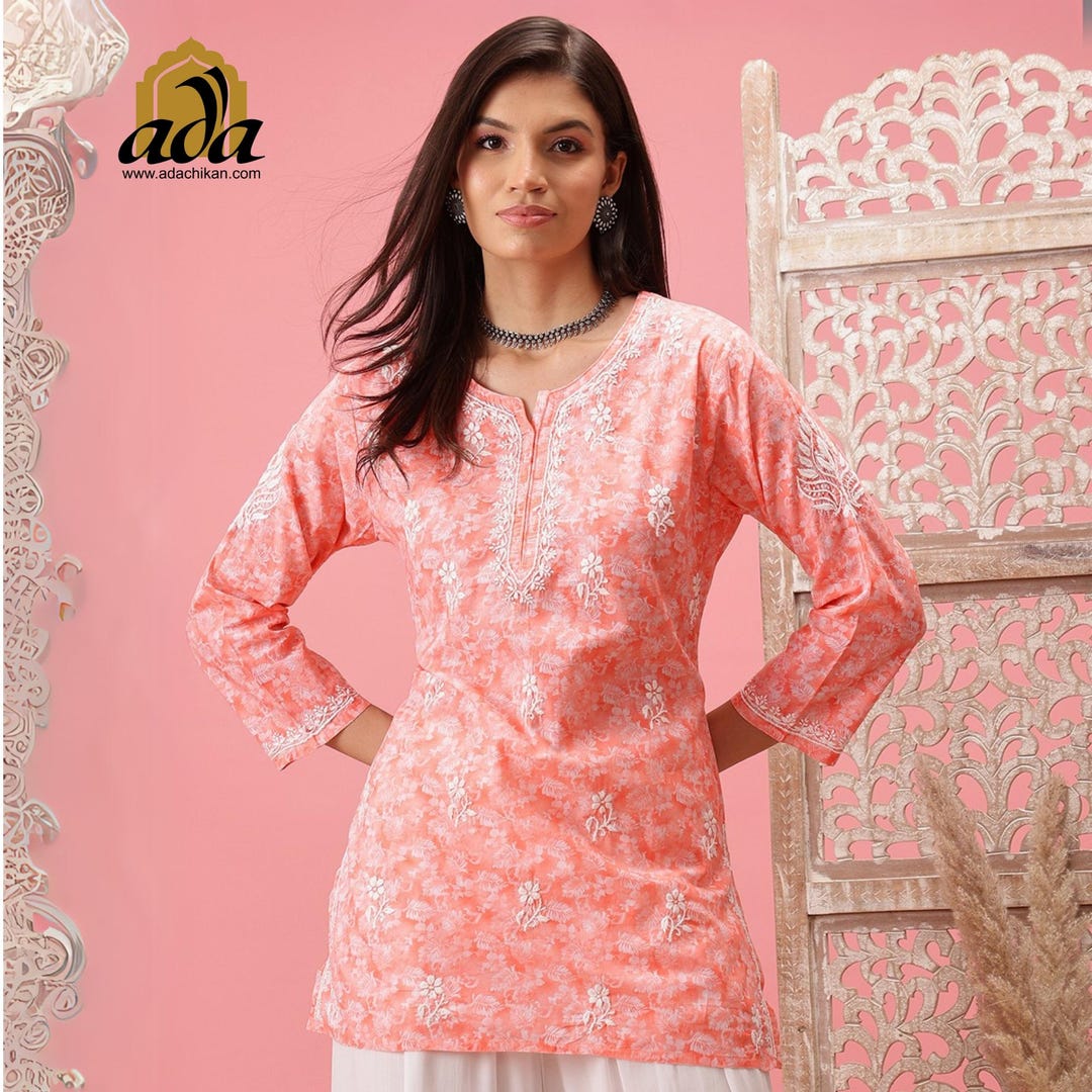 Ada Indian Chikankari Cotton Short Kurti Top Floral Printed Chikan ...