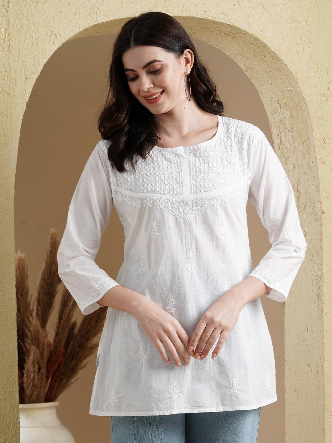 Ada Hand Embroidered Chikankari Indian Cotton Tunic Kurti Short Kurta ...