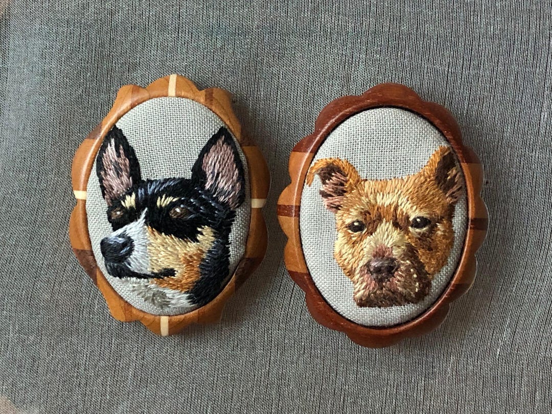 Made to Order-custom Hand Embroidered Pet Portrait on Hardwood Brooch ...