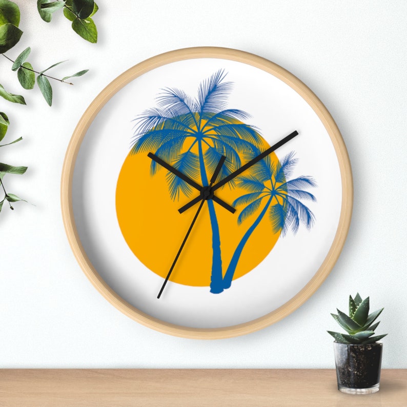 Blue and Yellow Tropical Palm Tree Retro Wall Clock - Etsy