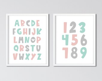 Alphabet and Numbers Print Pink and Grey Nursery Wall Art ABC - Etsy