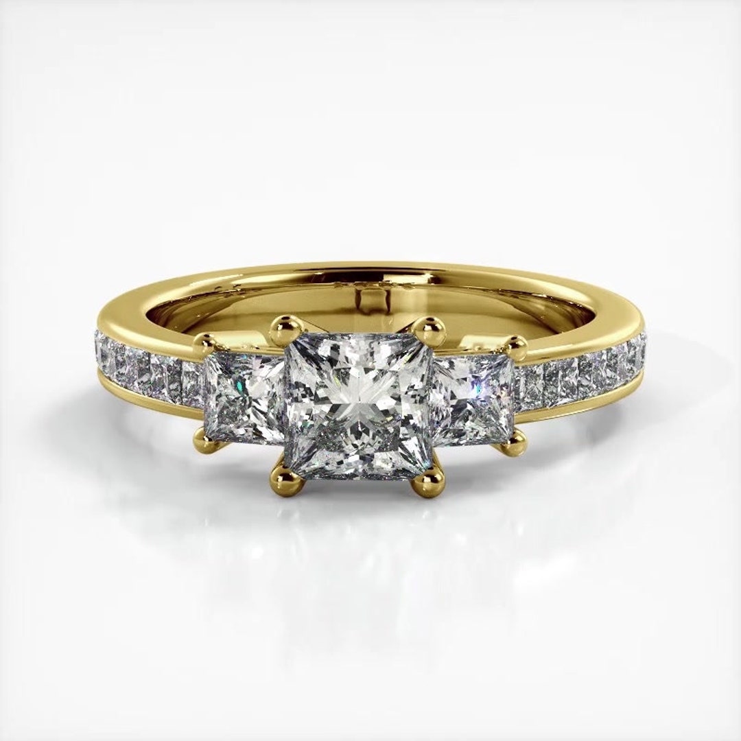 Princess Cut Three Stone Moissanite Engagement Ring in 10K Solid White ...