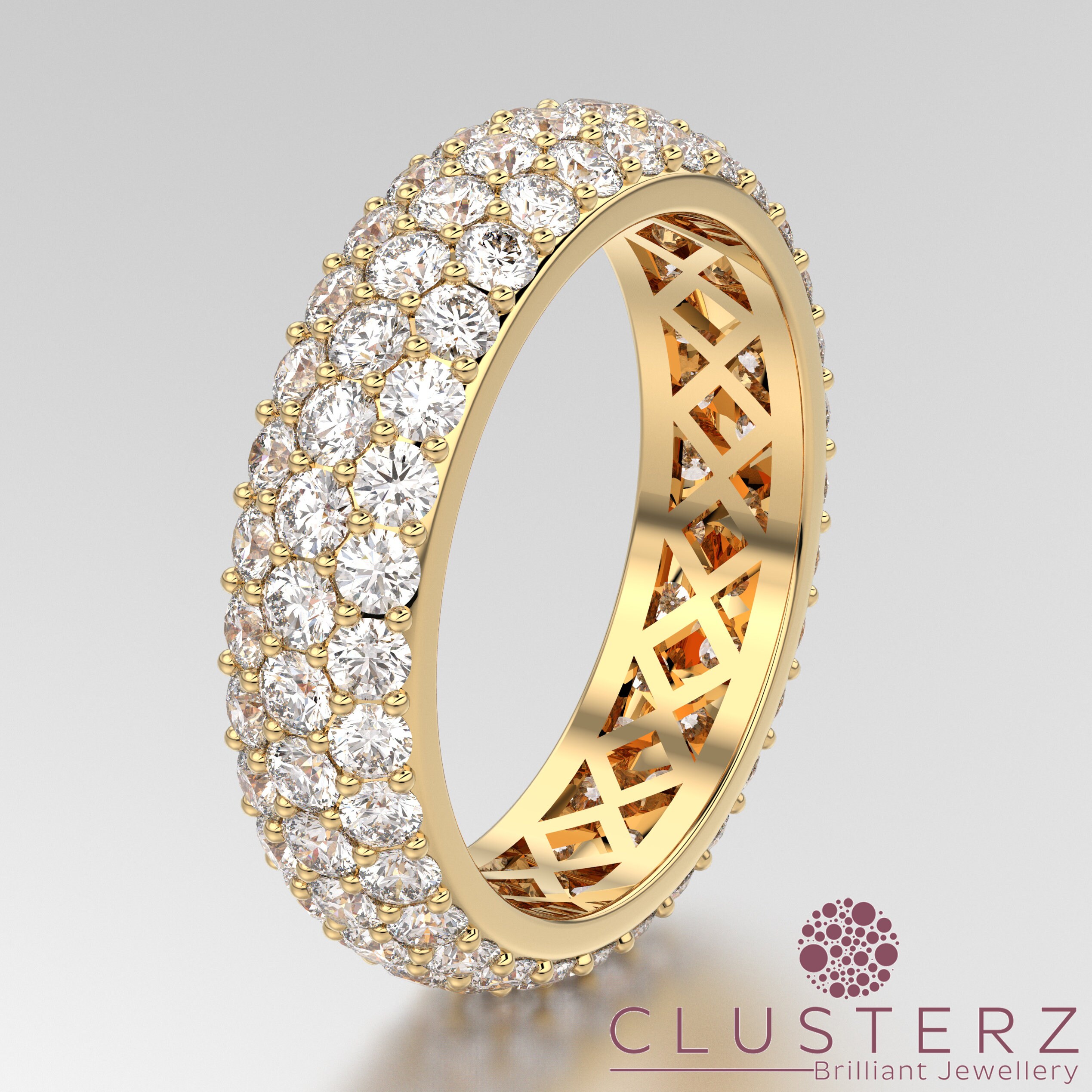 3 Row Full Eternity Band, Stackable Wedding Ring, 10K Gold Ring, Round ...