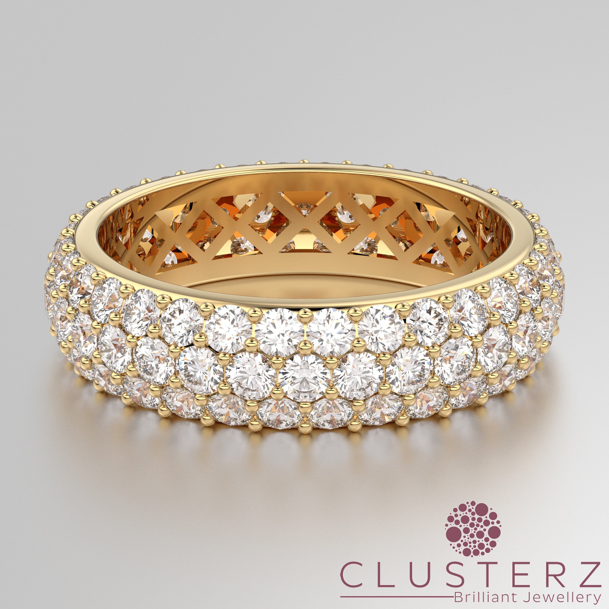 3 Row Full Eternity Band, Stackable Wedding Ring, 10K Gold Ring, Round ...