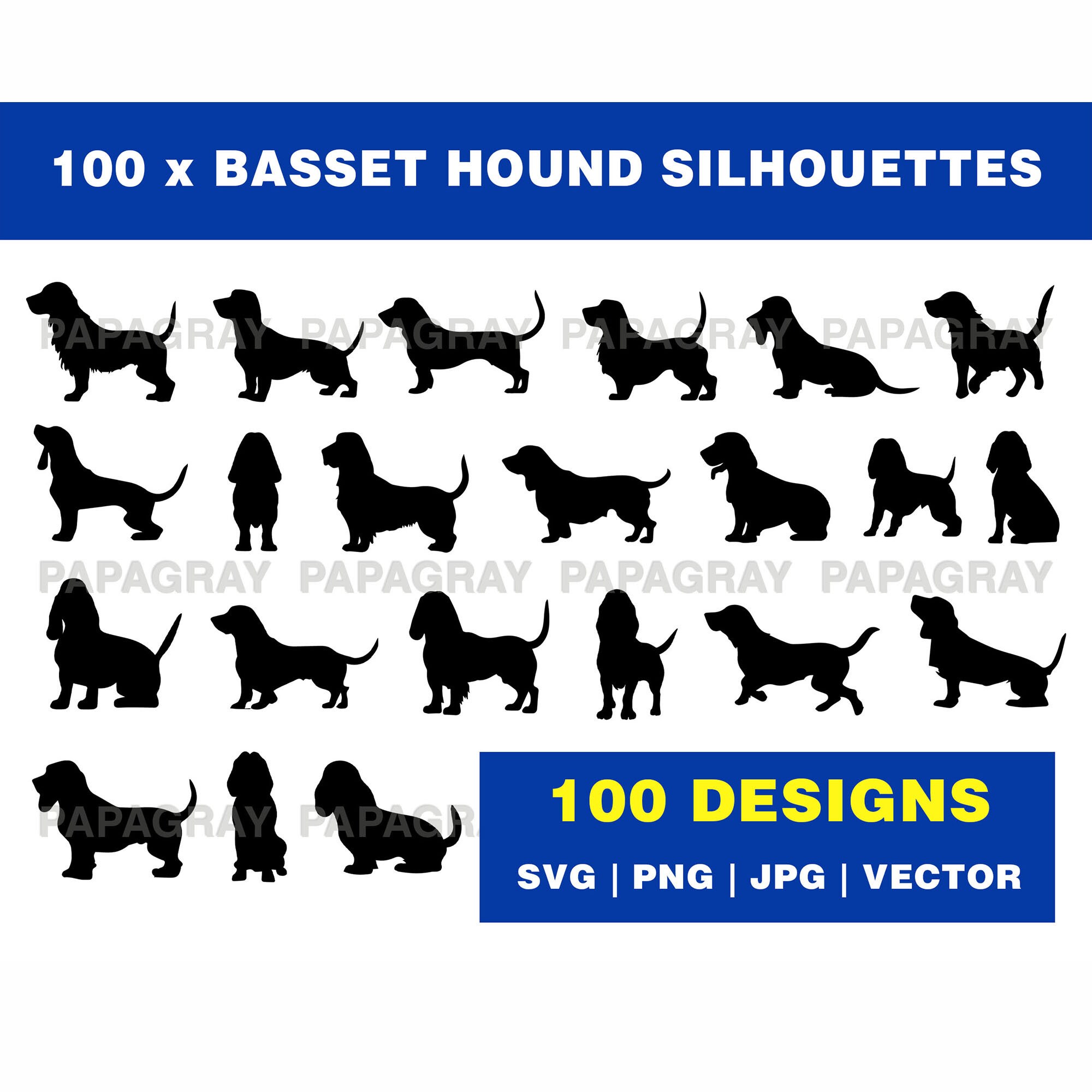 100 Basset Hound Dog Silhouettes: SVG, PNG, JPG, Vector (digital ...