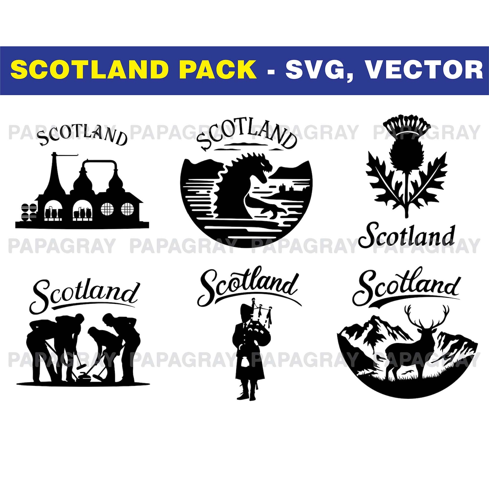Scotland SVG Vector Graphic Bundle: Skyline, Bagpipes, Thistle (digital ...