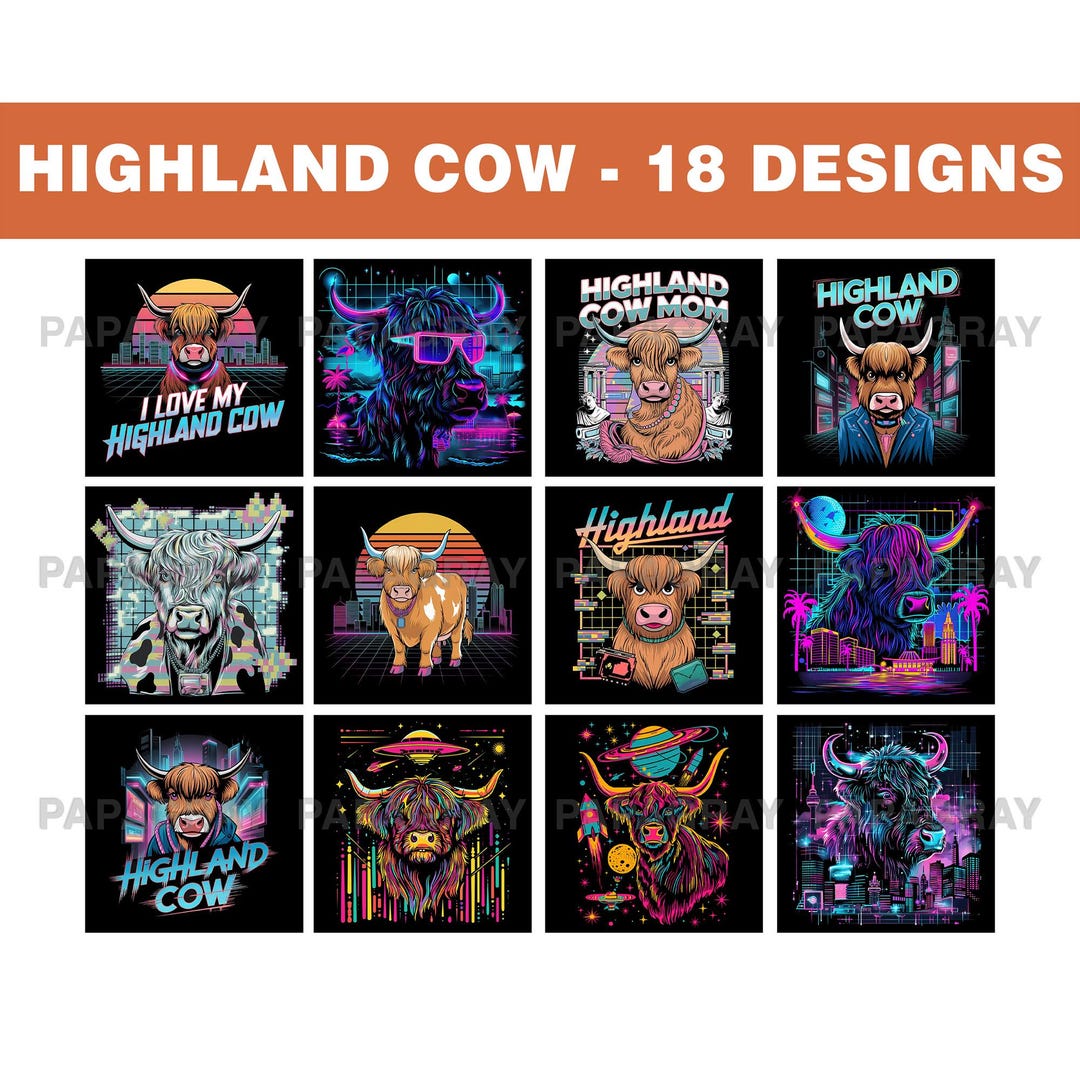 Highland Cow 1980s Graphic Pack - 18 Designs | Digital Download | Retro ...