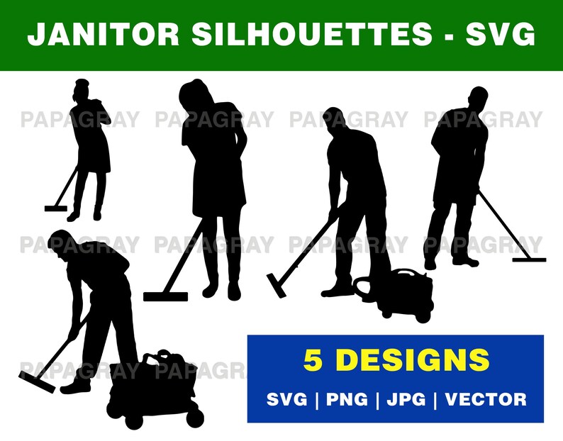 Janitor SVG Silhouette Pack 5 Designs Digital Download - Etsy