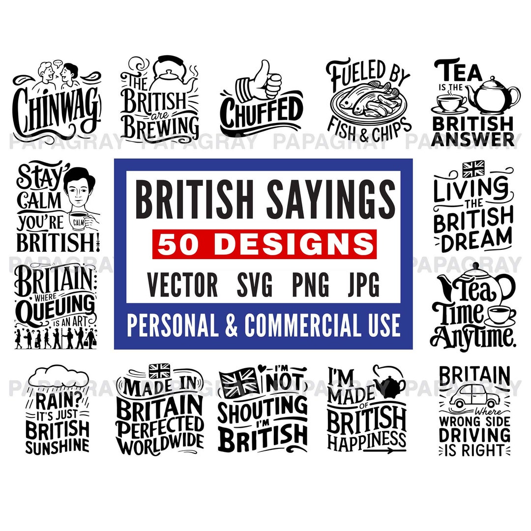 50 Funny British Sayings SVG Digital Download United Kingdom Vector ...