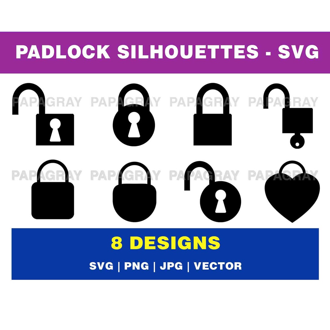 Padlock Silhouette Pack 8 Designs Digital Download Padlock SVG ...