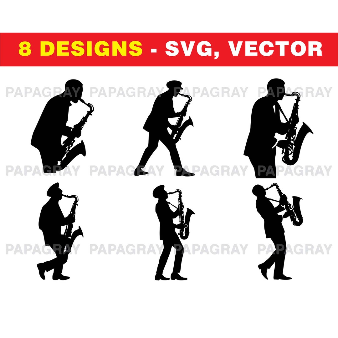 Saxofón jugador silueta SVG Vector Set 8 diseños / Descarga digital ...