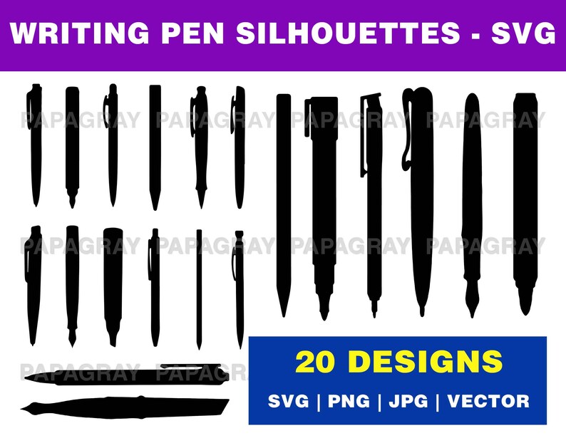 Writing Pens SVG Silhouette Pack 20 Designs Digital | Etsy