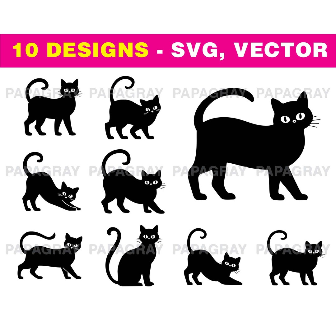 Black Cats SVG Graphic Bundle 10 Designs Digital Download Halloween Cat ...