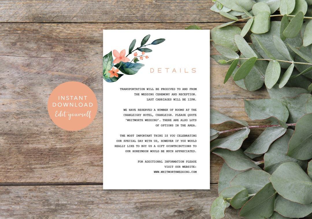 Wedding Invitation Details Card Template. Instant Download. Editable ...