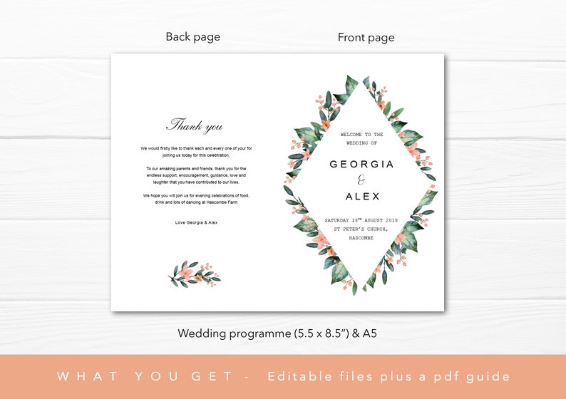 Folded Wedding Programme. Instant Download. Editable, Printable Pdf. - Etsy