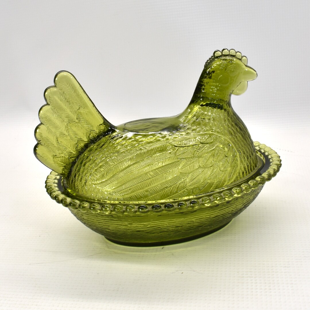 Hen on Nest Indiana Glass Olive Green Nesting Chicken - Etsy