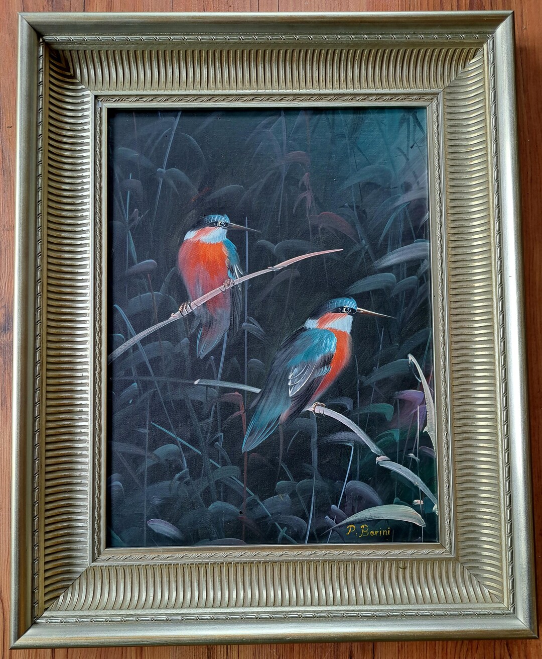 A Wonderful Beautiful Rather Large Two Kingfisher Birds Oil Painting on ...