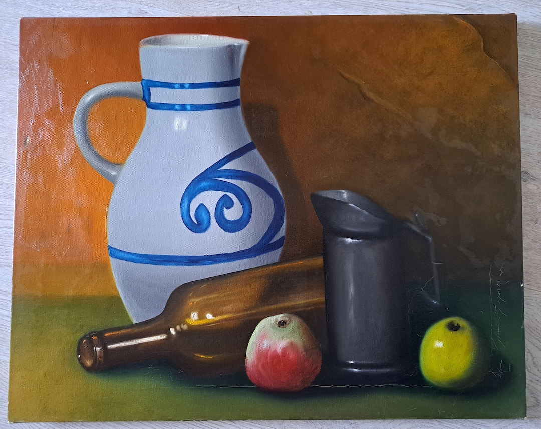 A Nice Colourful Middle Size Still Life Oil Painting With Apples Bottle Tin Jug and Porcelain ...
