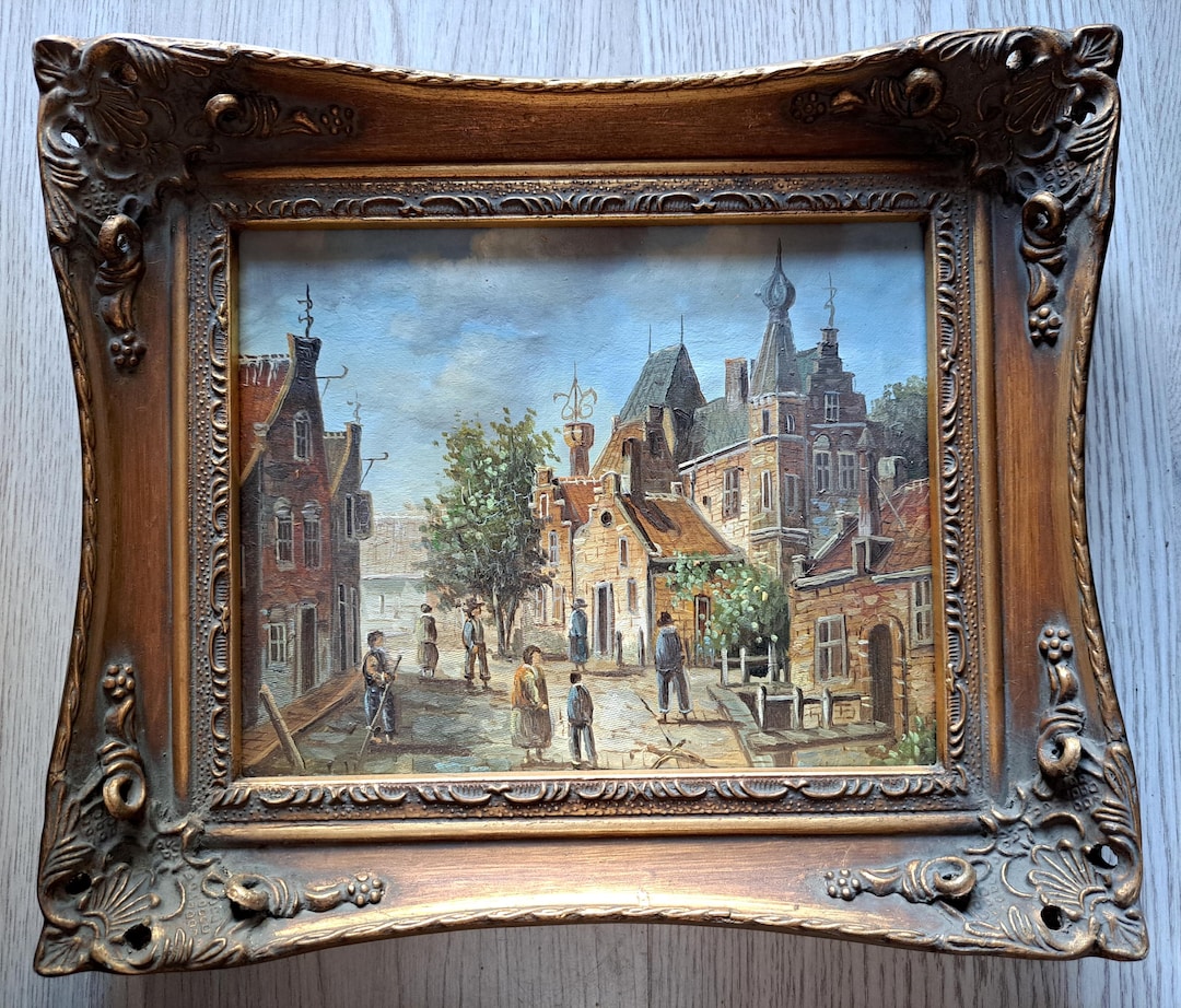 A Very Lovely Dutch City Village Scape Oil Painting on a Wooden Panel ...