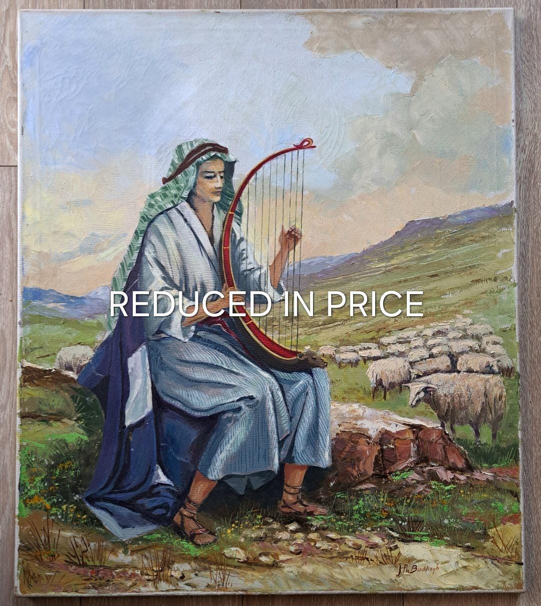 A Lovely Big Old Religious Harp Playing Shepard Oil Painting With Lots ...