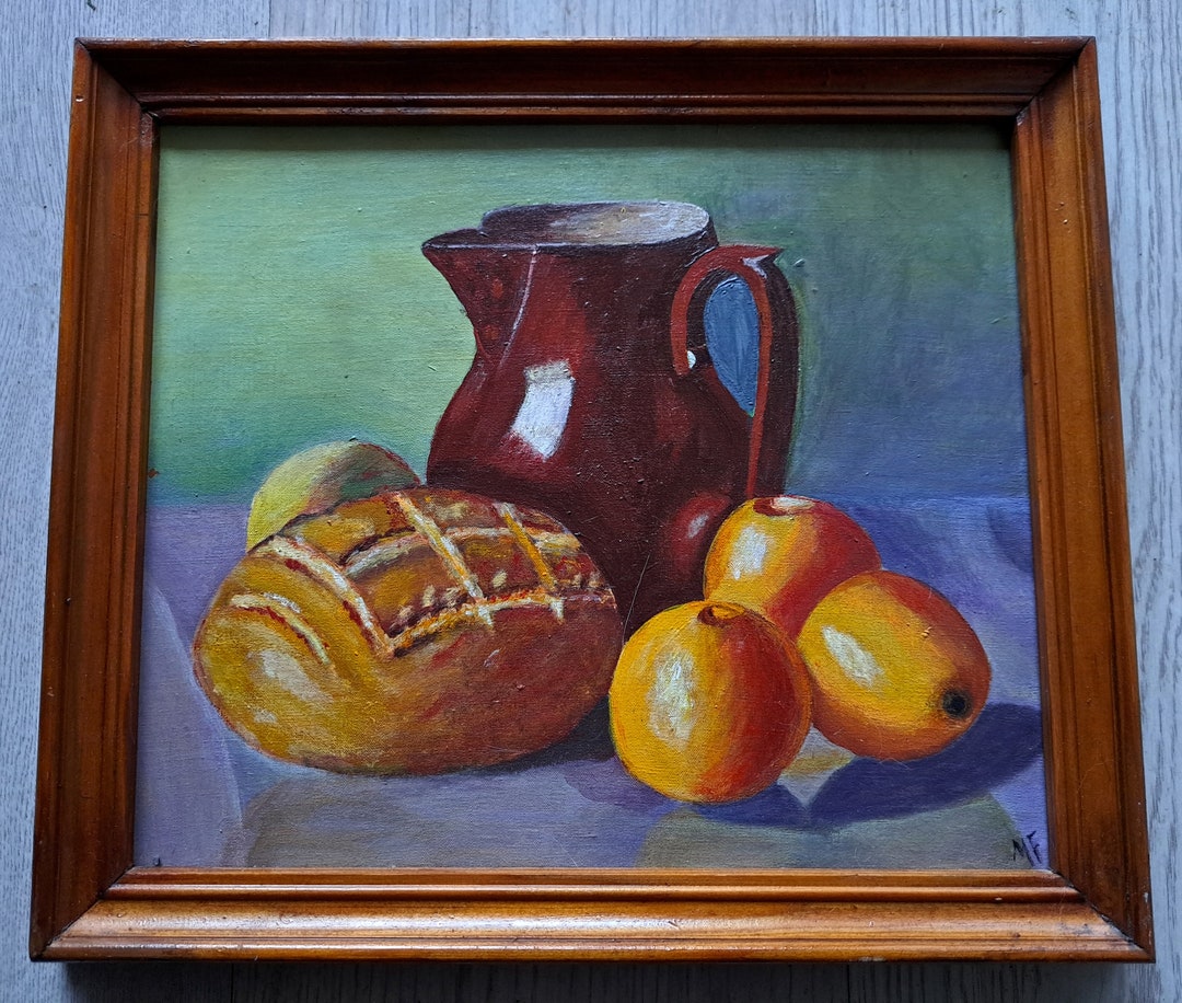 A Cute Small Old Still Life Oil Painting With Oranges Bread and a ...