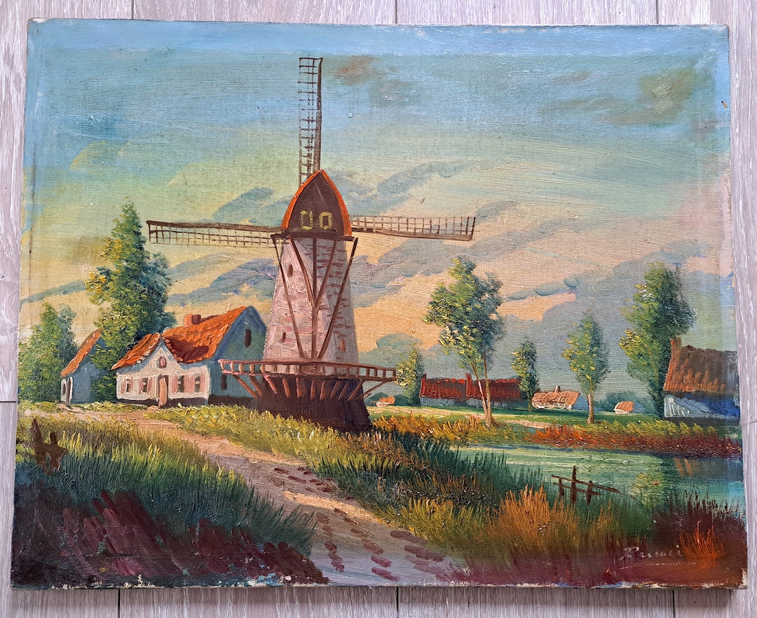 1940s a Cute Antique Dutch Windmill Landscape Oil Painting on - Etsy