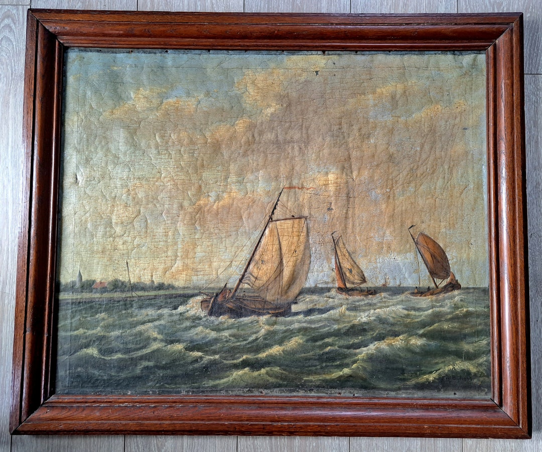 Year 1899 a Wonderful Very Big Antique Dutch Seascape Oil Painting on ...