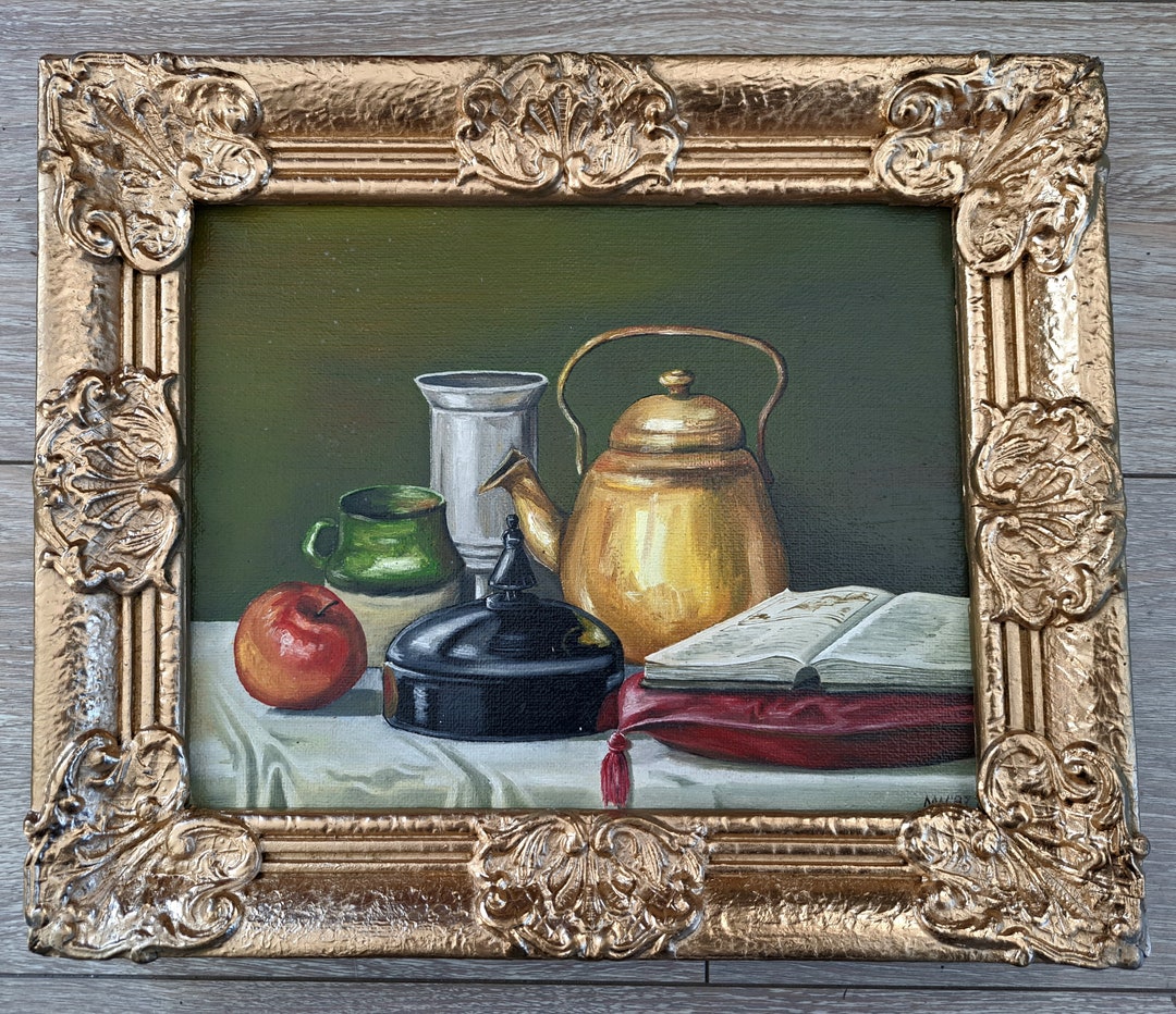 A Very Cute Small Old Still Life Oil Painting on Canvas With a Antique ...