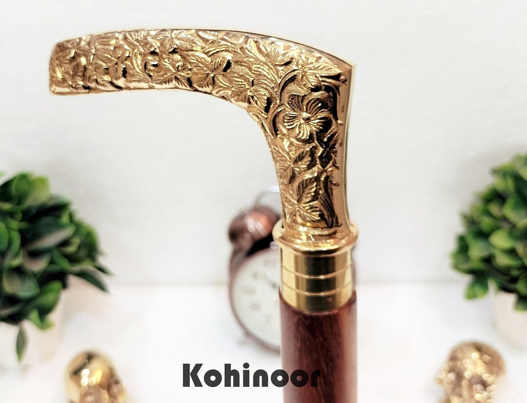 Customized Engraved, Wooden Walking Cane, Brass Flower Design Handle ...