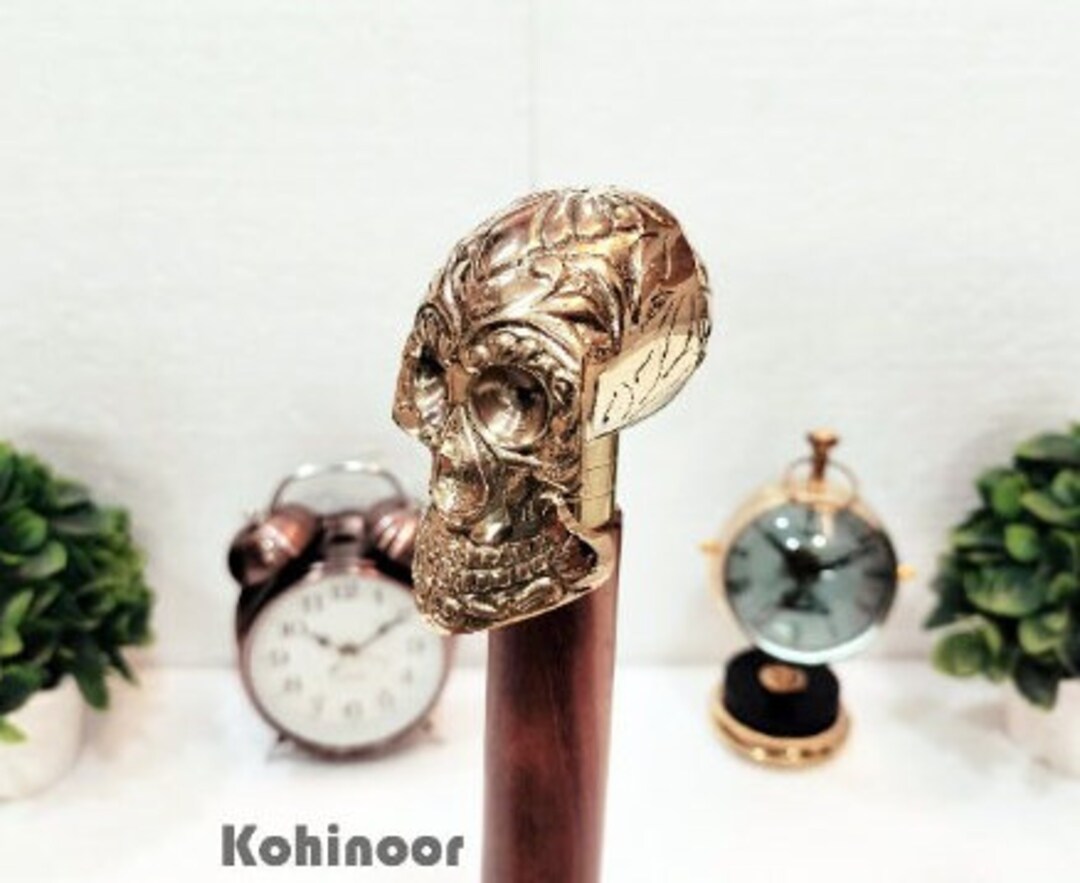 Personalized Engraved Walking Stick Brass Skull Head Handle, Walking ...