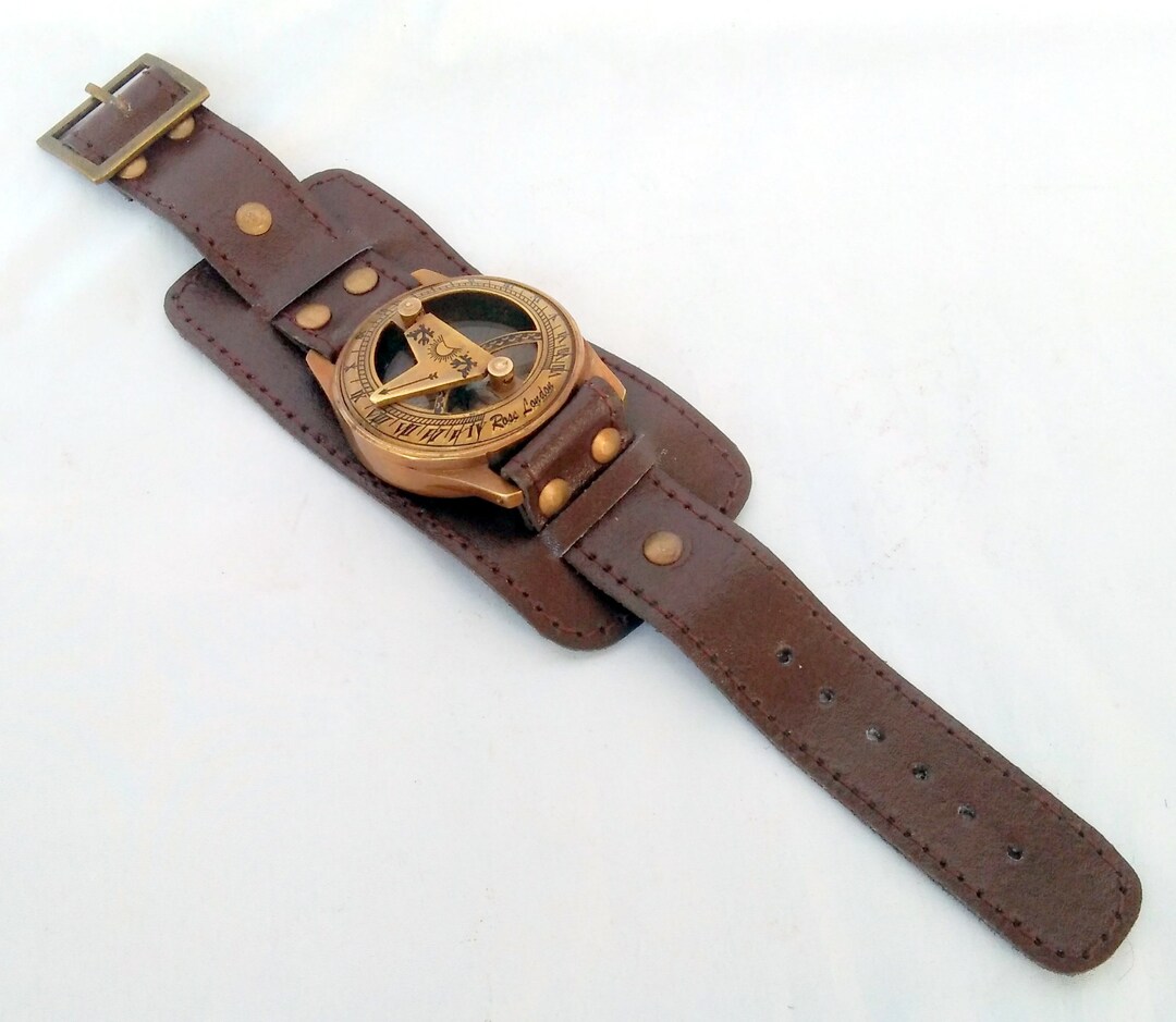 Brass Sundial Wrist Watch: Brown Leather Band, Collectible Compass - Etsy